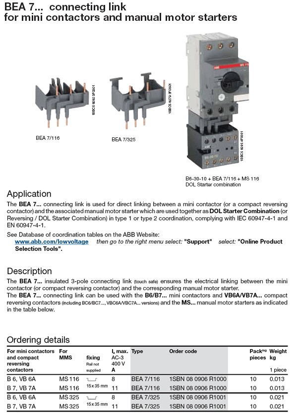 PRODUCT BEA 7... CONNECTING LINK FOR MINI CONTACTORS AND MANUAL ...