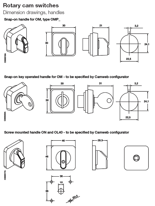 PRODUCT SWITCHES : ROTARY CAM SWITCHES DIMENSION DRAWINGS , HANDLES ...