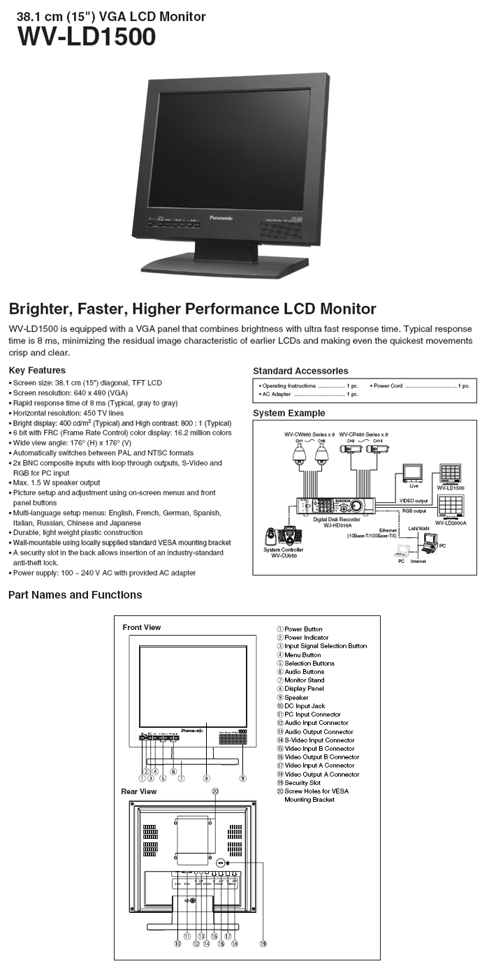 บริษัท ไทย เซอร์เวย์ เทเลคอม จำกัด : จอมอนิเตอร์ LCD Monitor : WV-LD1500