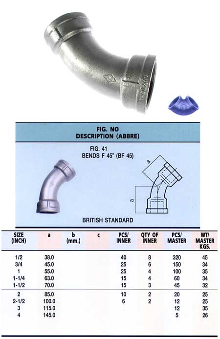 บริษัท บีส ไพพ์ฟิตติ้งอินดัสตรี จำกัด : PIPE FITTING "BENDS F 45 º (BF 45)"