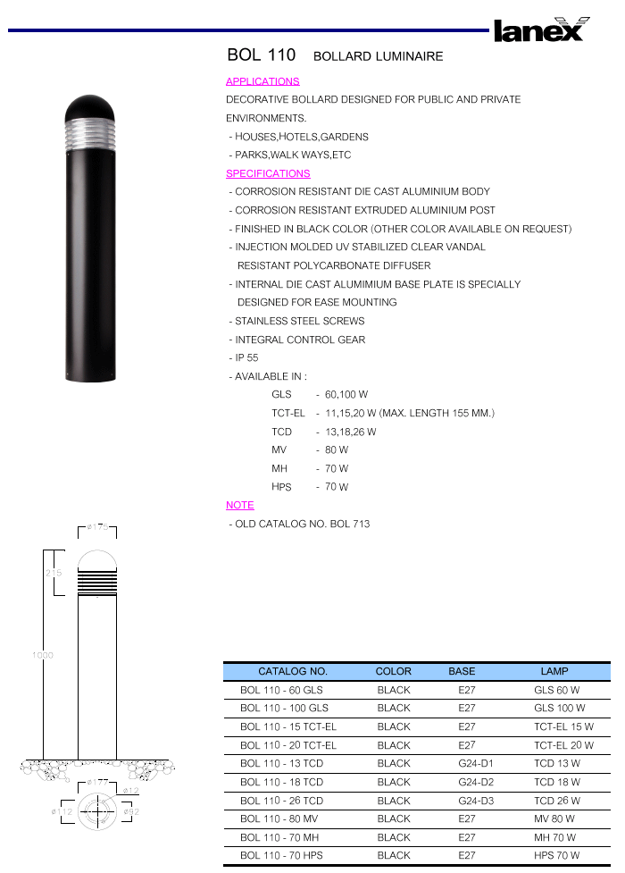 บมจ.ไลท์ติ้ง แอนด์ อีควิปเมนท์ : โคมไฟสนาม LANEX # BOL 110