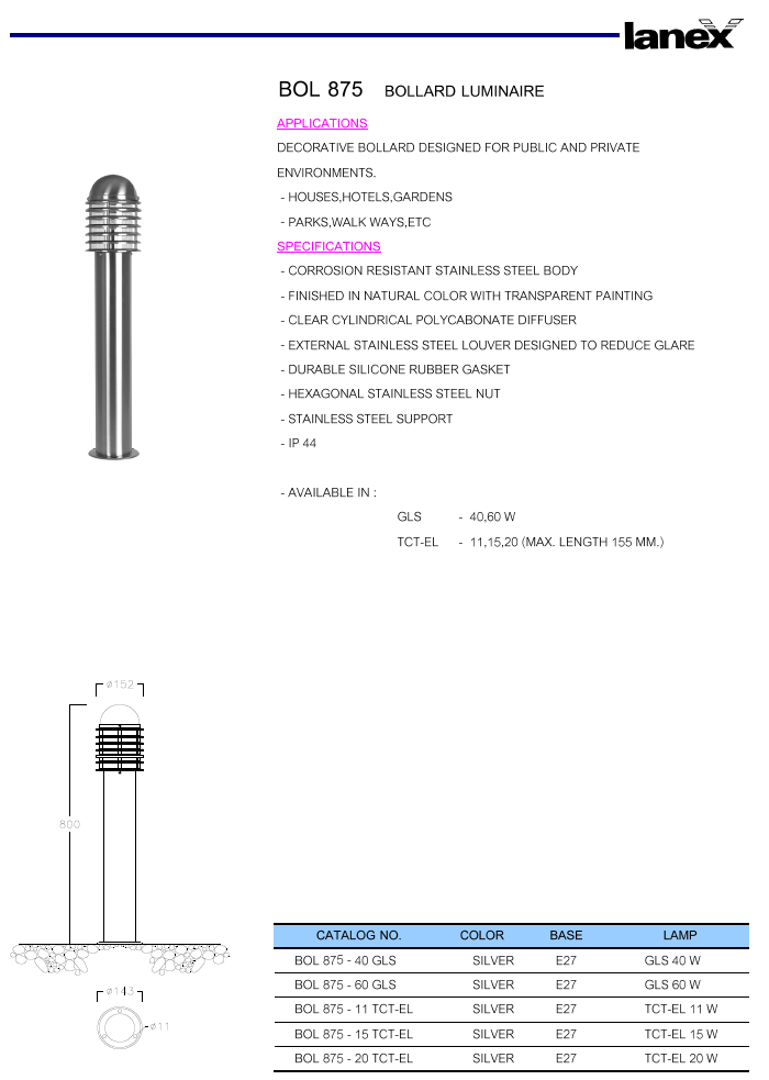บมจ.ไลท์ติ้ง แอนด์ อีควิปเมนท์ : โคมไฟสนาม LANEX : BOL 875