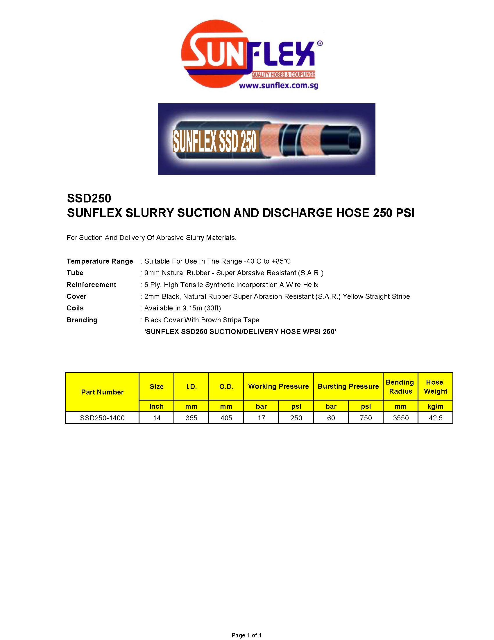 PRODUCT SSD250 SUNFLEX SLURRY SUCTION AND DISCHARGE HOSE 250 PSI ...